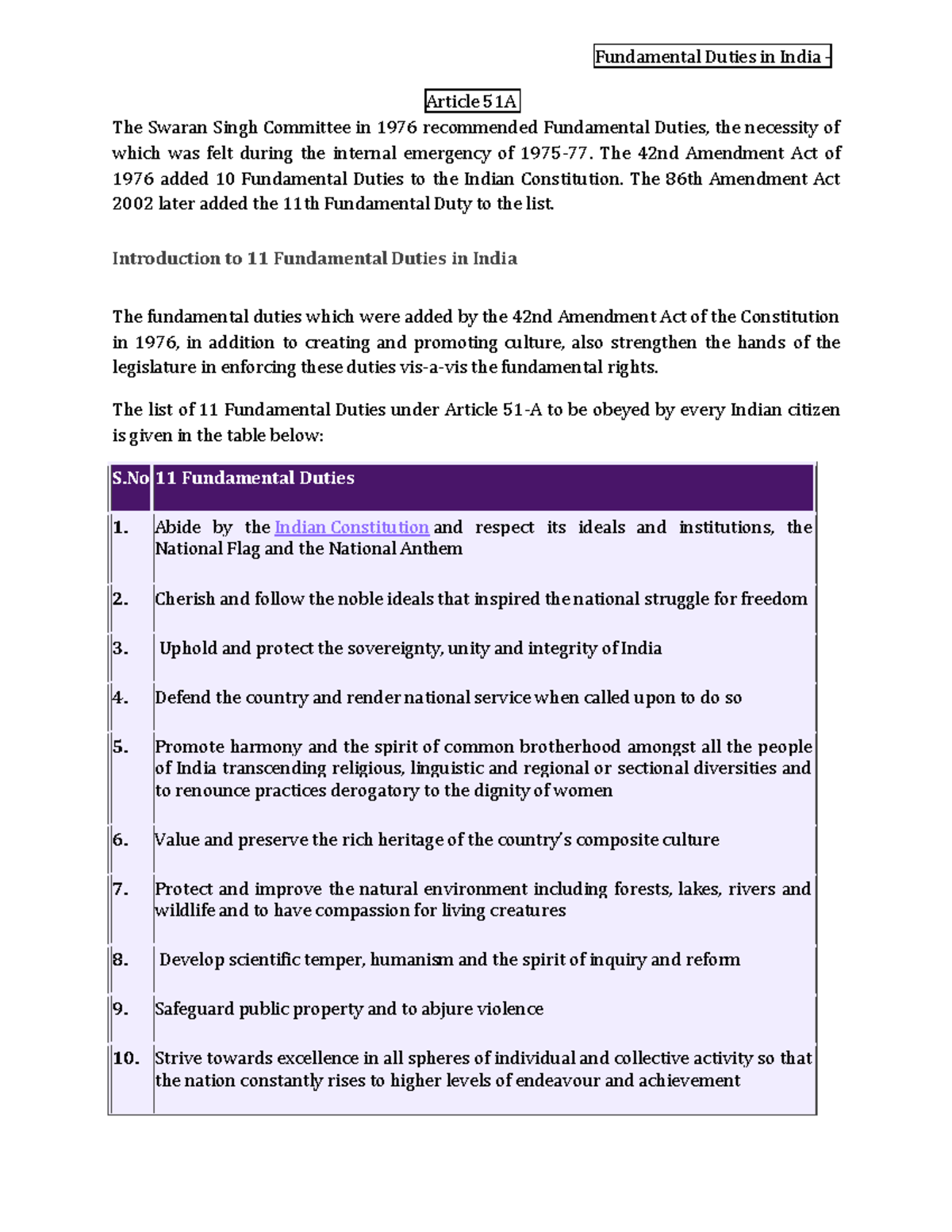 Indian Constitution Notes: Fundamental Duties under Article 51A - Studocu