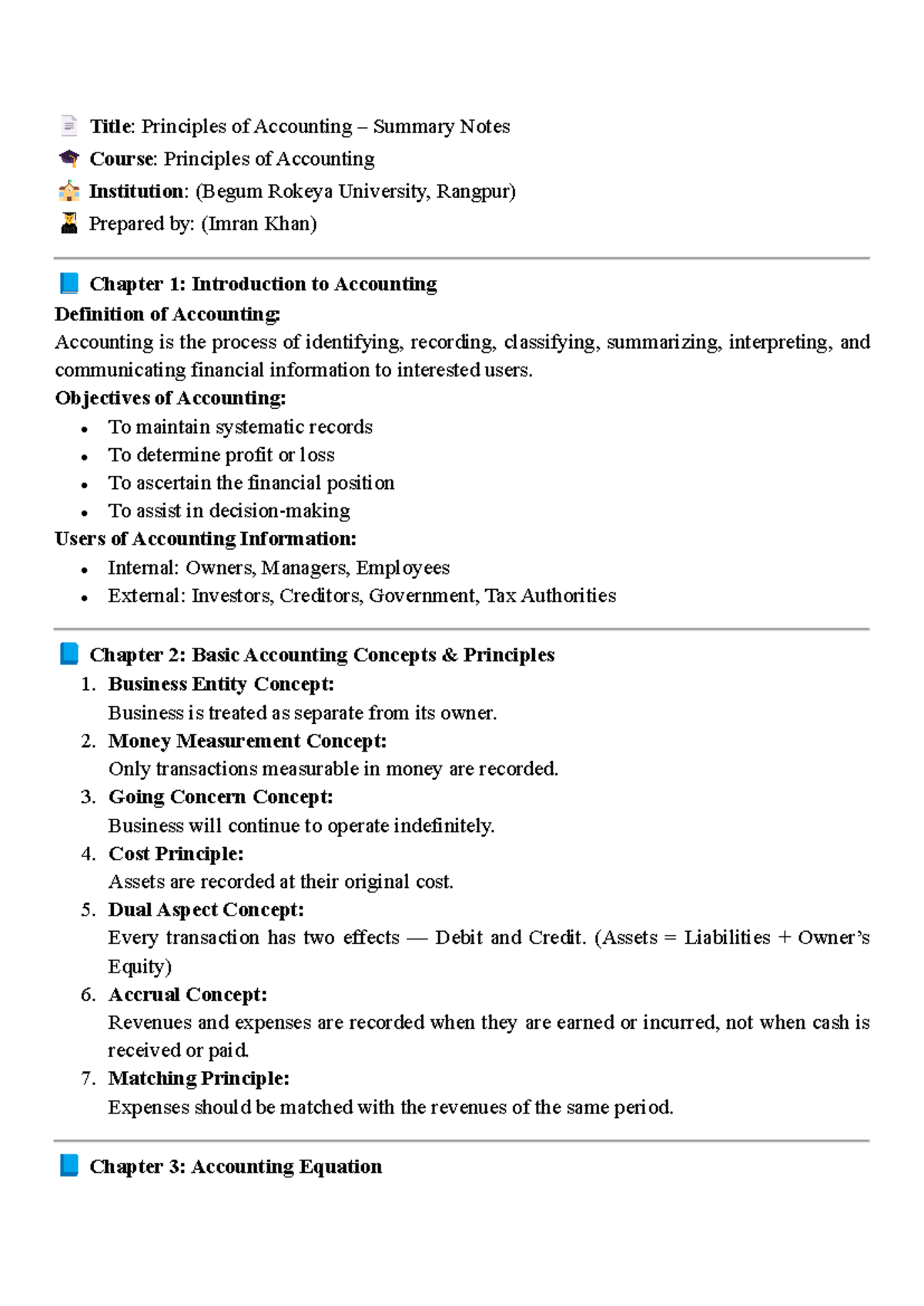 Principles of Accounting Summary Notes (Course Code: ACC101) - Studocu
