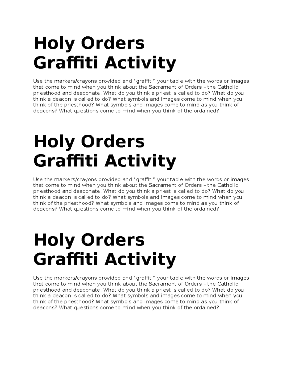 Holy Orders Sacrament: Exploratory Handouts and Activities - Studocu