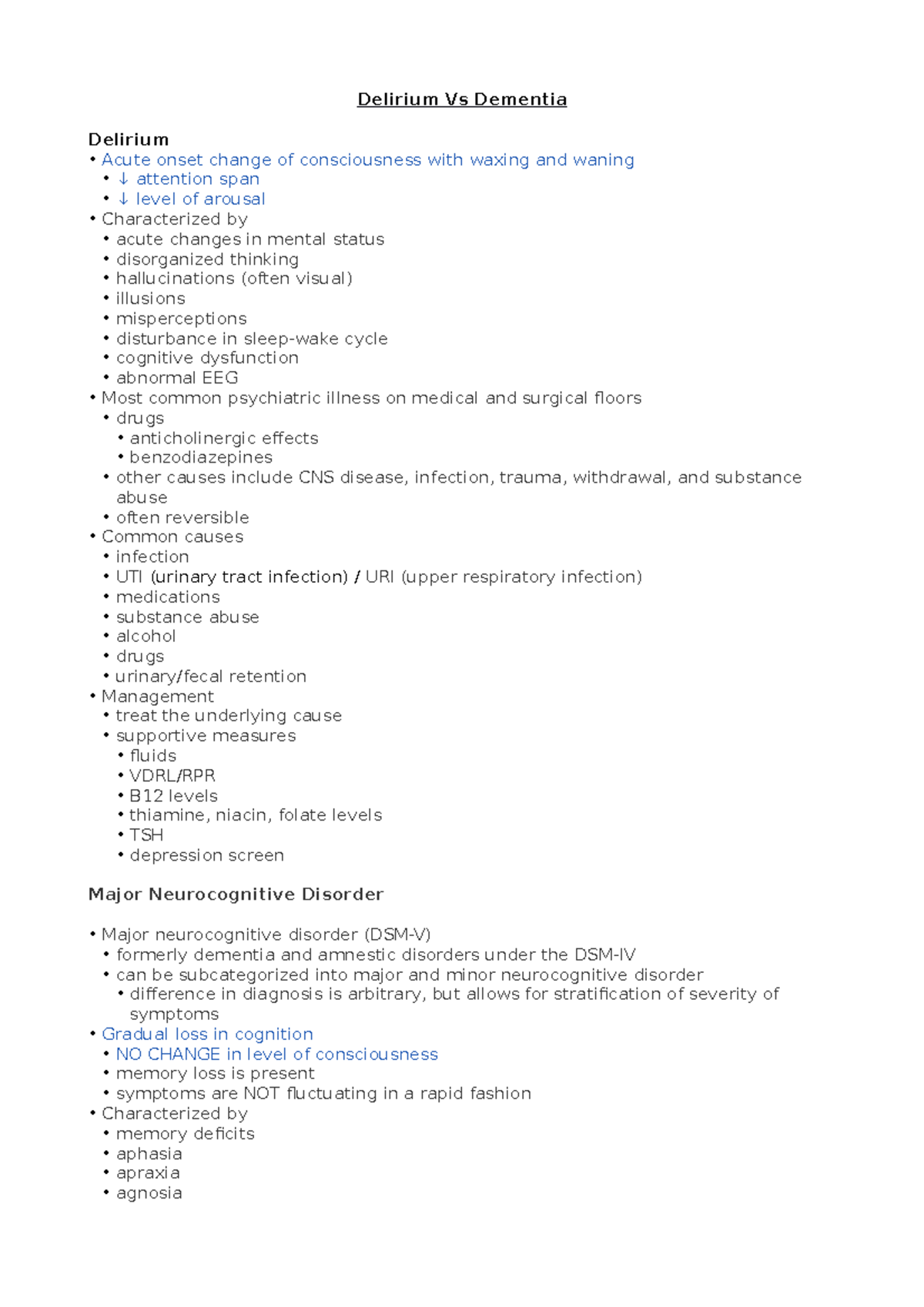 Delirium Vs Dementia - Notes - Delirium Vs Dementia Delirium • Acute ...