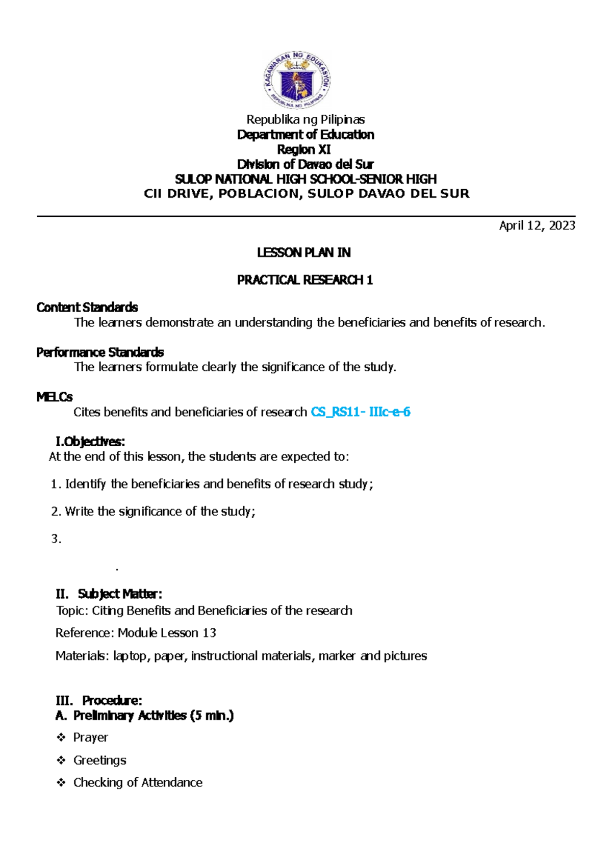 Practical Research 1 Lesson Plan: Beneficiaries & Benefits of Study ...