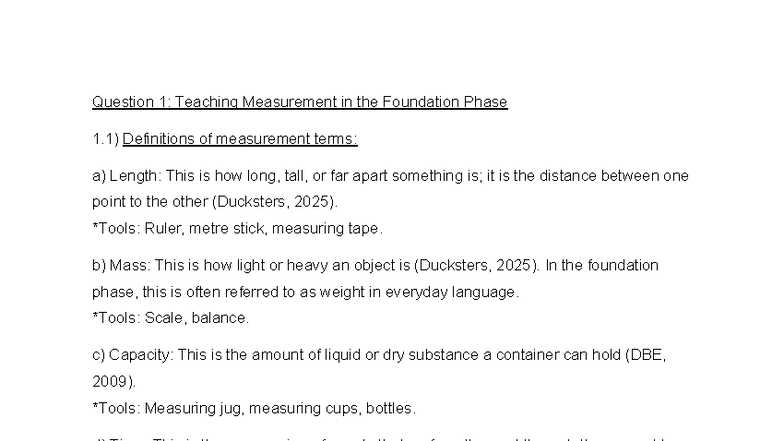 TMMD7312 TASK 1 - Teaching Measurement in the Foundation Phase - Studocu