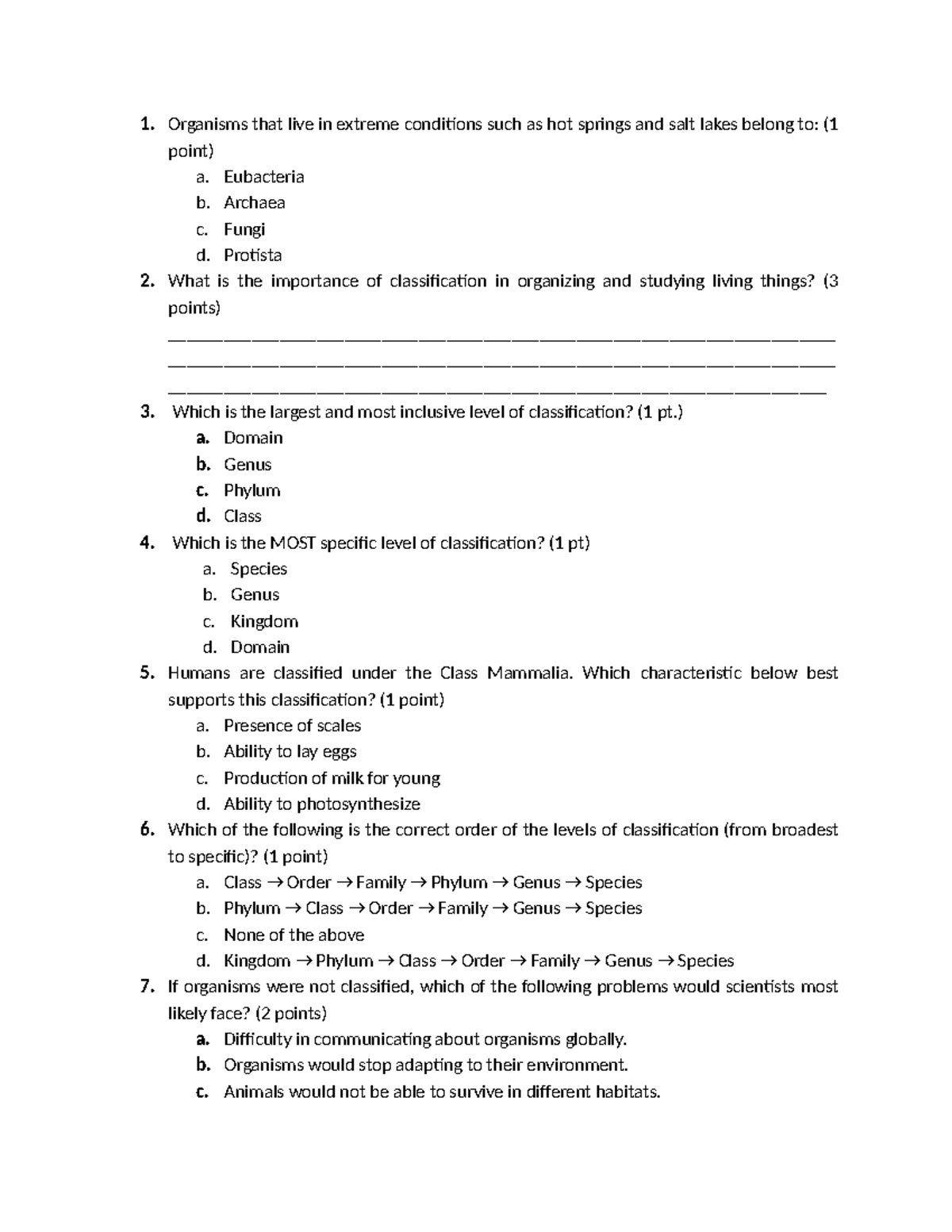 Quiz - Classification of Organisms (Bio 101) - Studocu