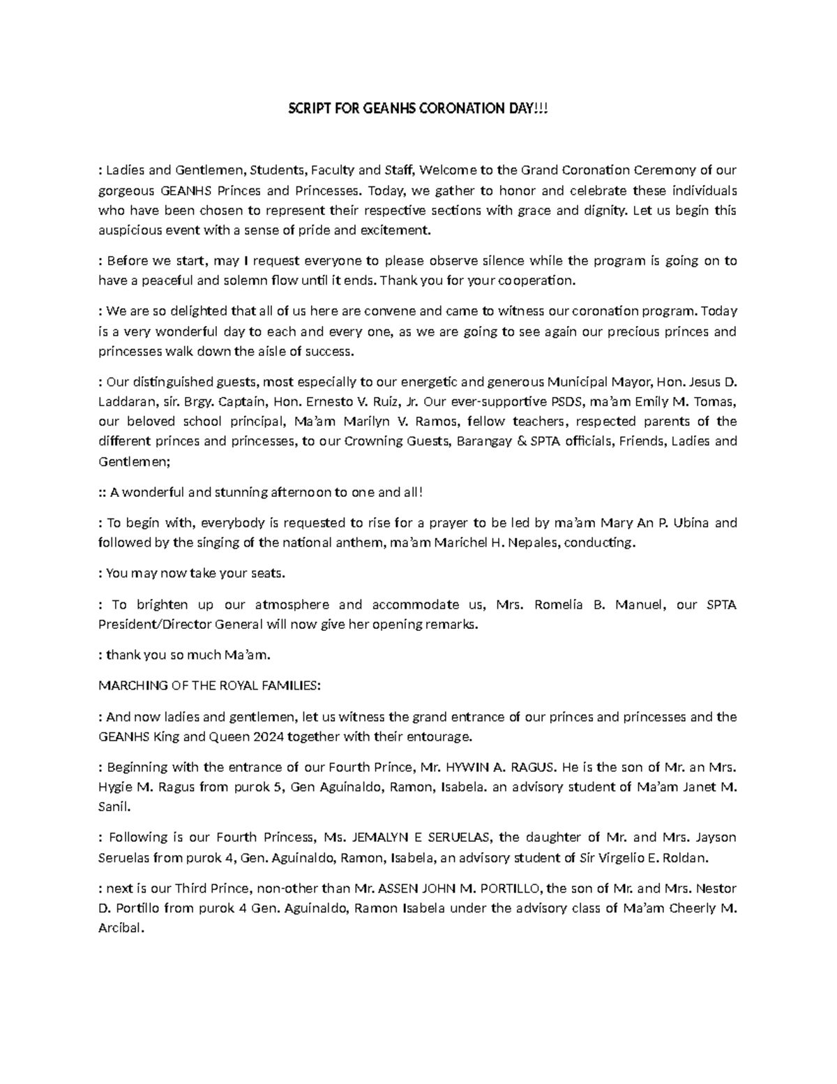 GEANHS Coronation Program Emcee Script - Celebration of 2024 Royalty ...
