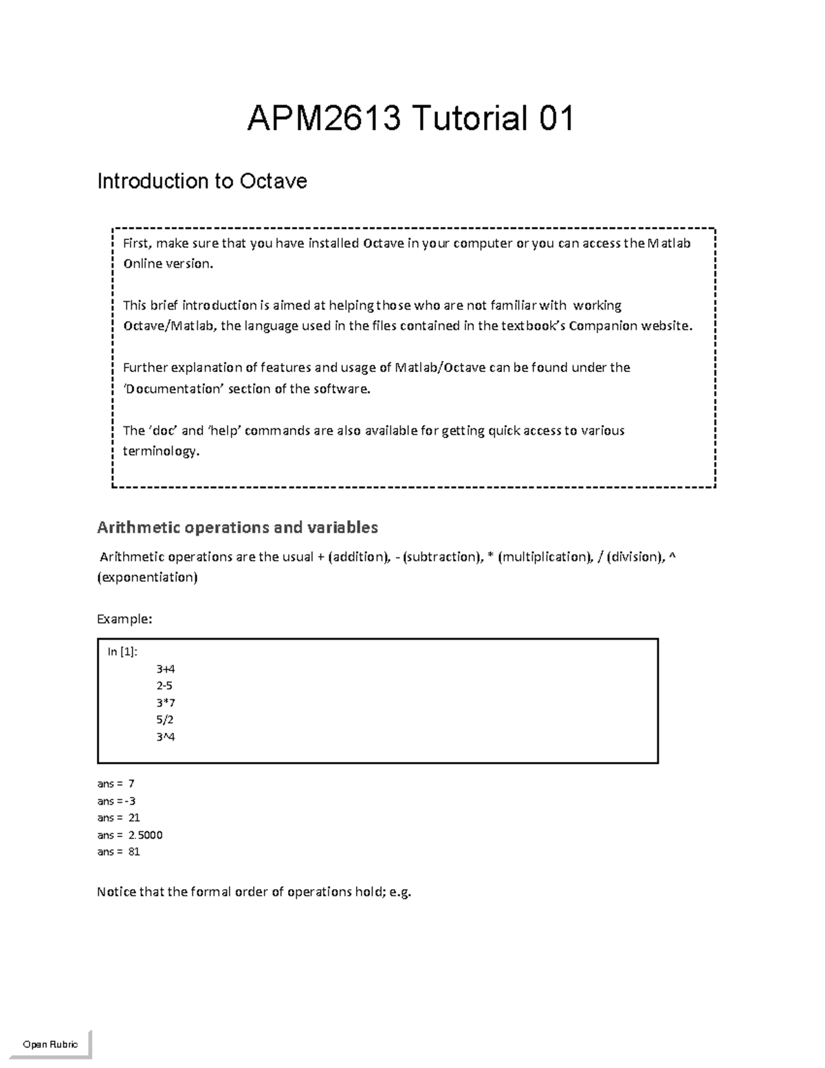 APM2613 Tutorial 01: Intro to Octave & Matlab Basics - Studocu