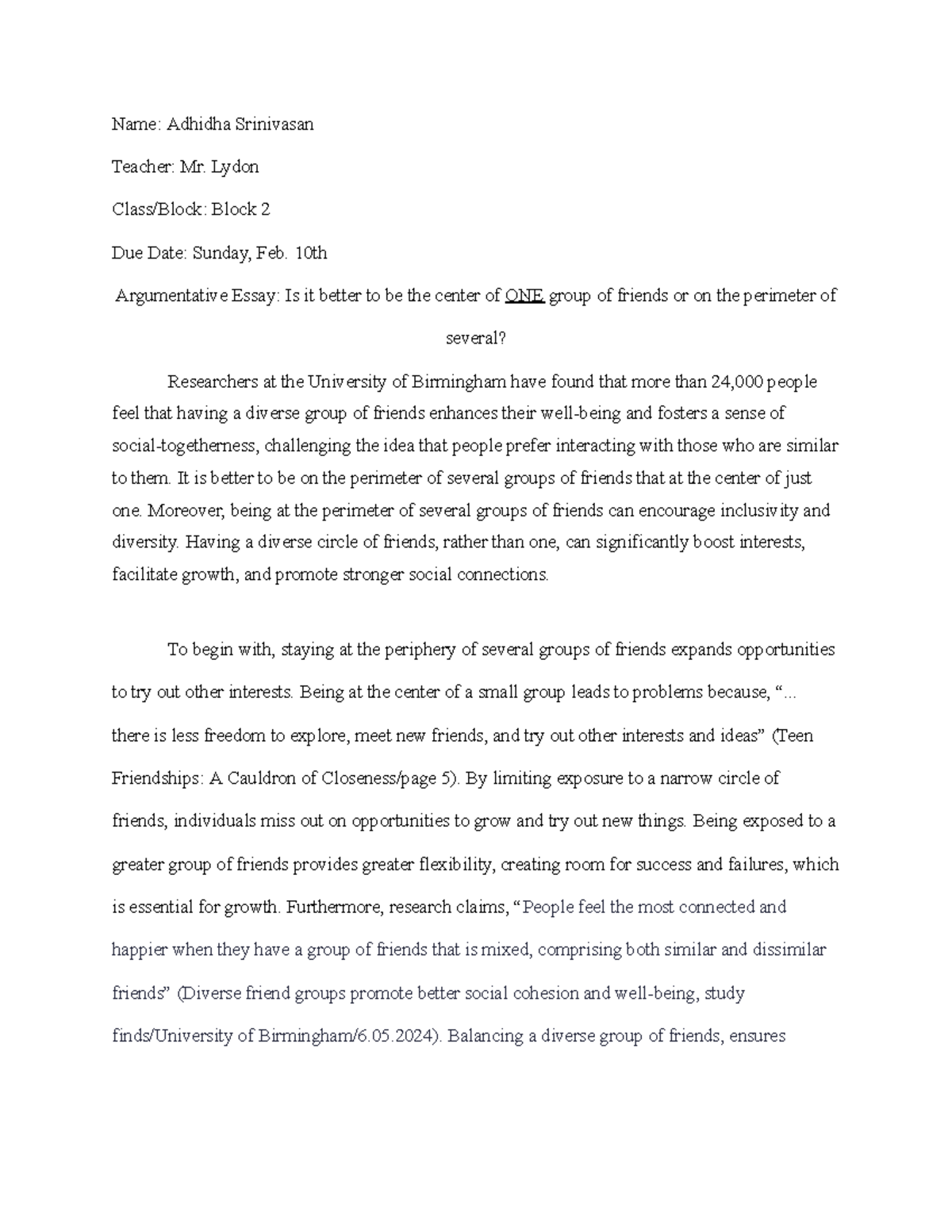 Argumentative Essay #1: The Value of Diverse Friend Groups - Studocu