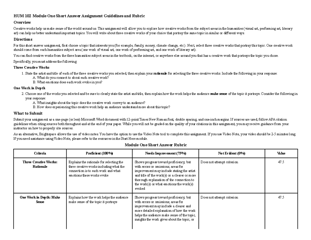 HUM 102 Module One Short Answer Assignment Guidelines & Rubric - Studocu
