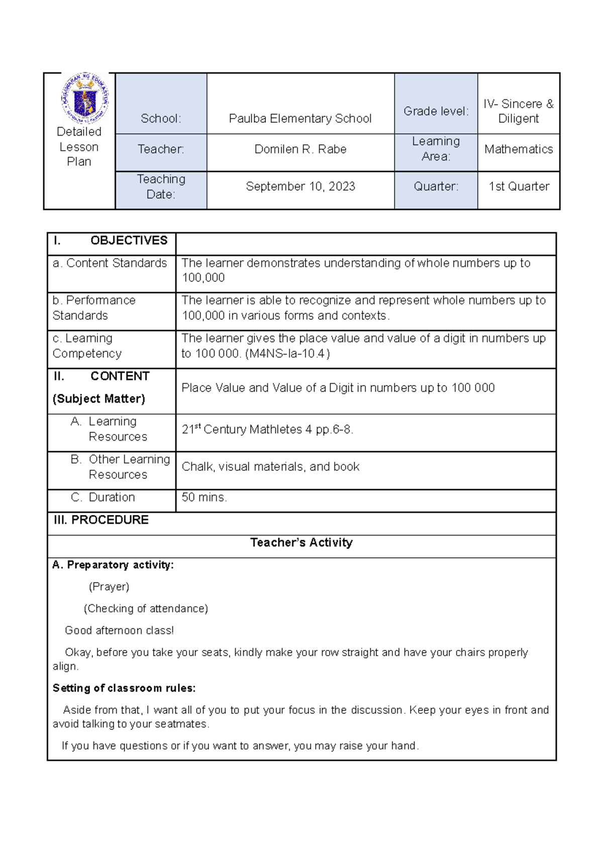 Detailed Lesson Plan 4: Understanding Place Value in Numbers - Studocu