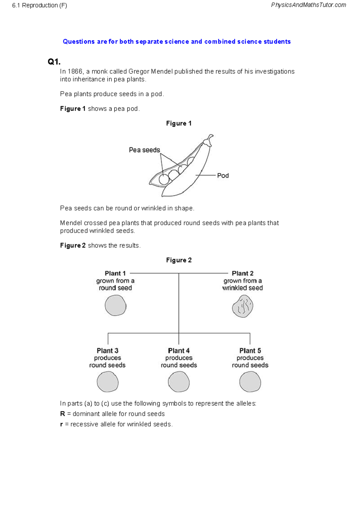 6.1 Reproduction (F) Quiz Questions on Mendelian Genetics and ...