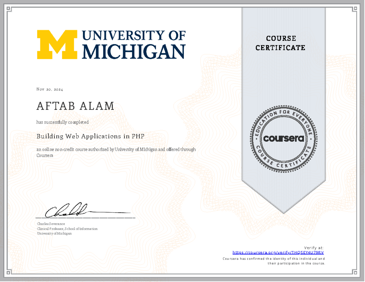 PHP Certificate - Aftab Alam - Web Applications Course Completion - Studocu