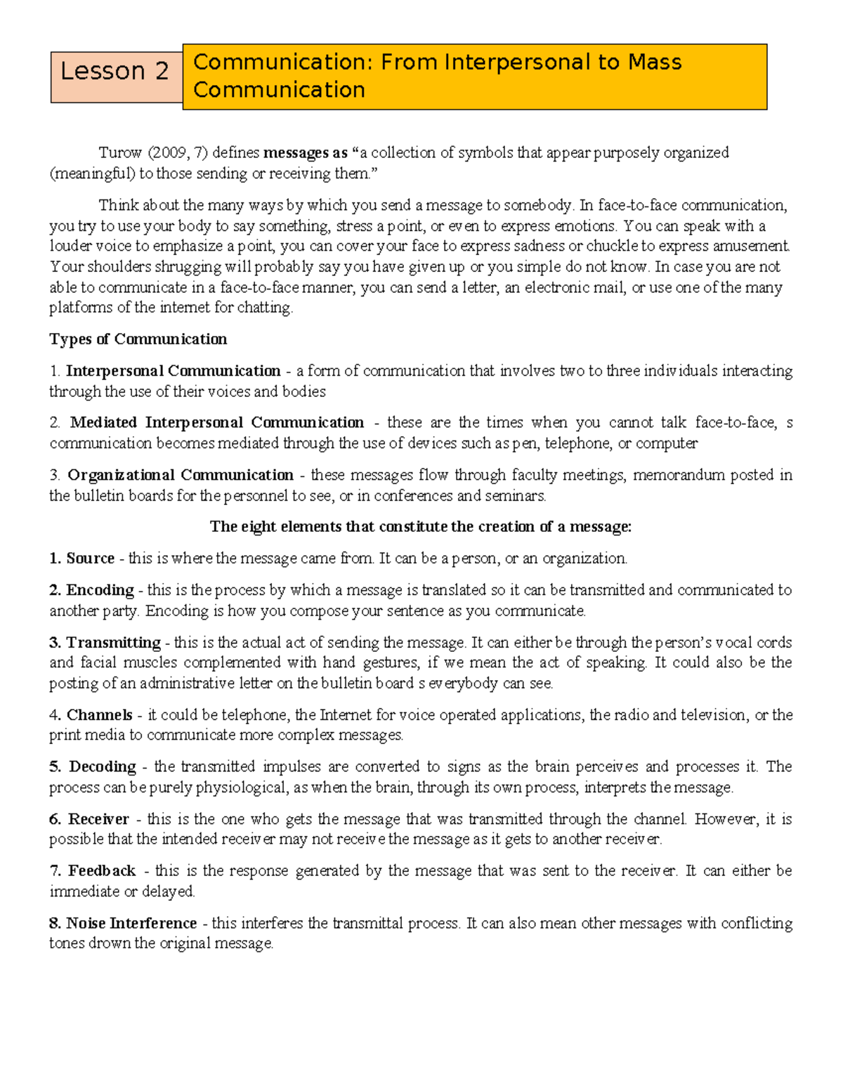 Lesson 2: Communication Types and Elements - MIL 2 - Studocu