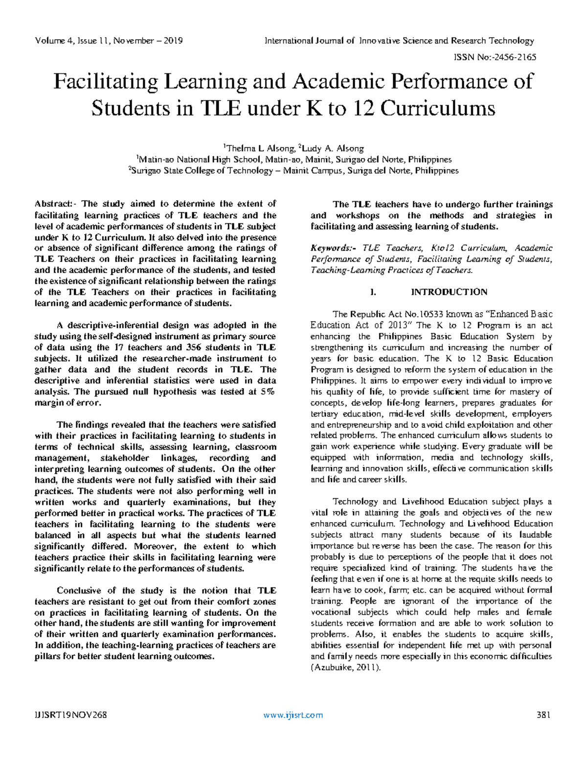 Research Study IN TLE - ISSN No:-2456- Facilitating Learning and Academic Performance of ...