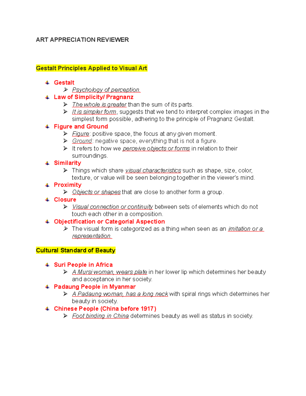 ART Appreciation Final Exam Reviewer: Gestalt Principles & Cultural ...