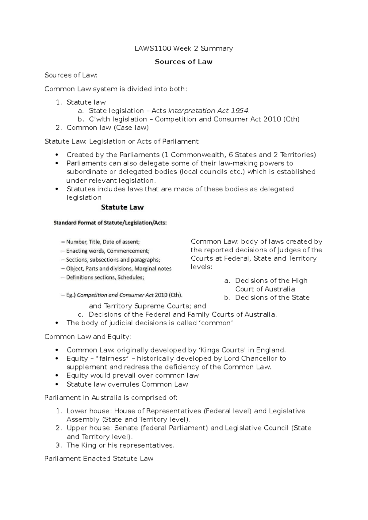 Laws1100 Week 2 summary: sources of law and the Australian legal system ...