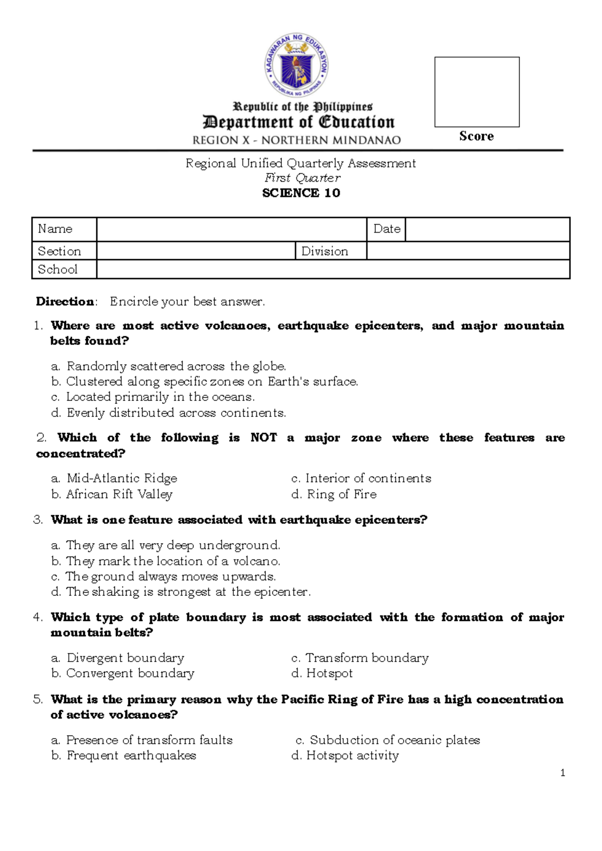 Science 10 - Final RUQA Exam Reviewer on Tectonic Plates and Earth ...