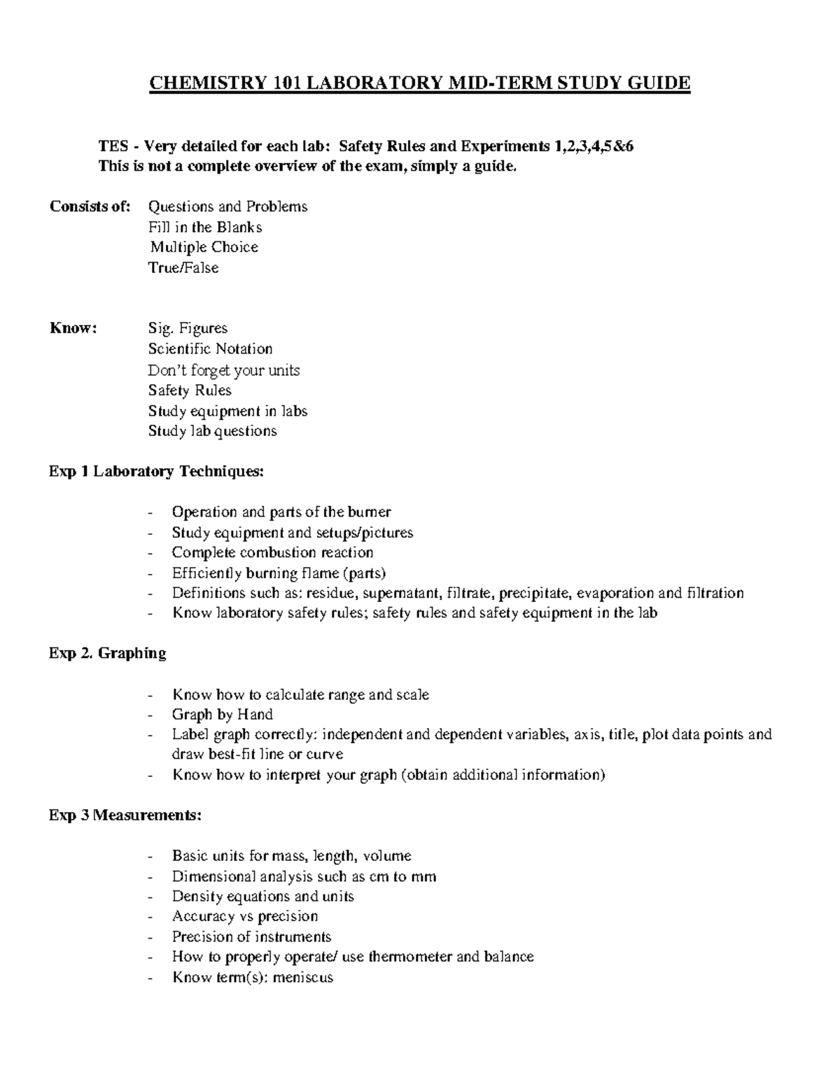CHEMISTRY 101 FINAL LAB MIDTERM STUDY GUIDE: Safety, Techniques ...