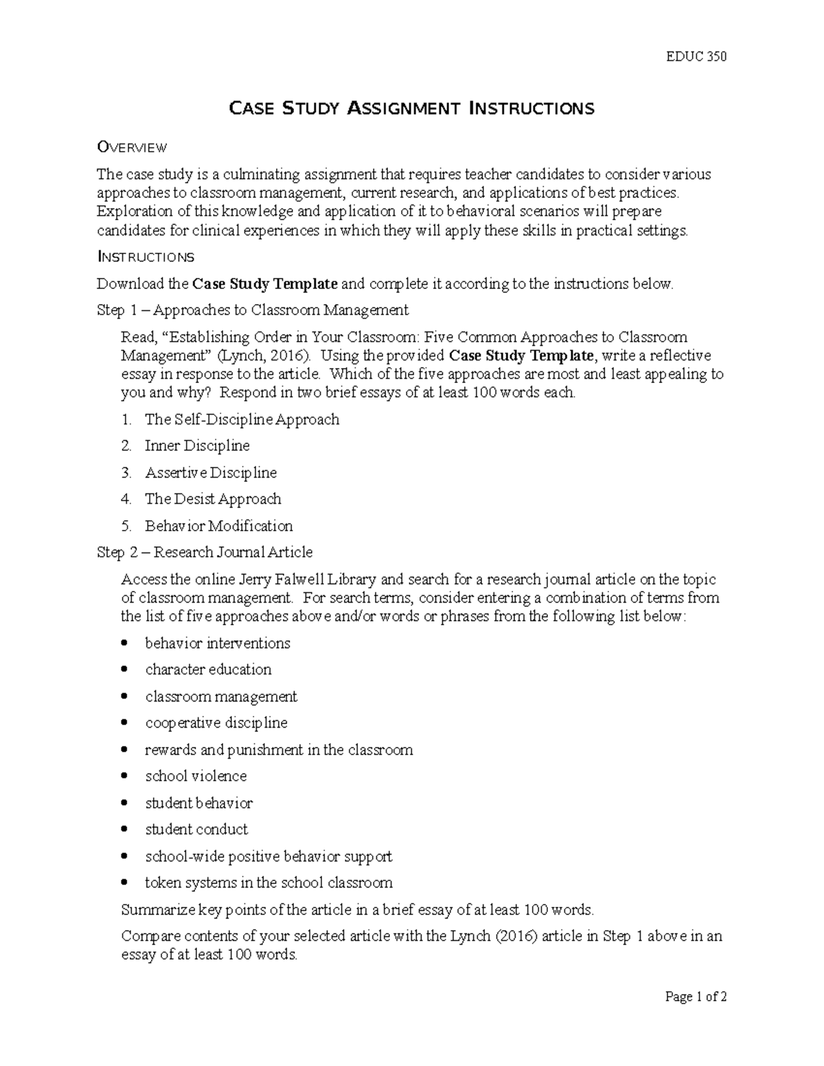 EDUC 350 Case Study Assignment: Management Approaches & Practices - Studocu