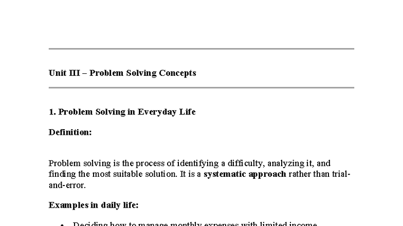 Unit III-FOC: Problem Solving Concepts and Techniques in Everyday Life ...