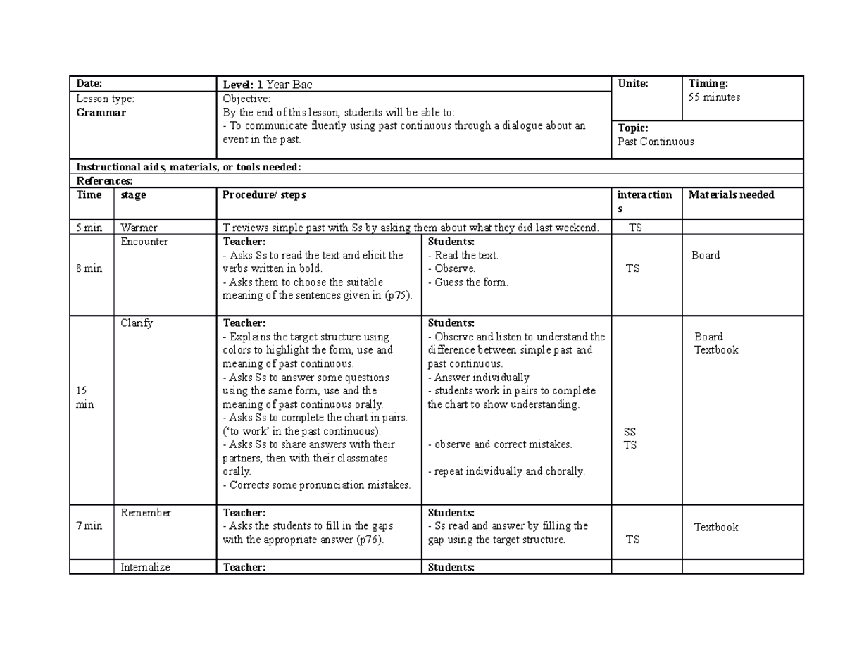 ECRIF Lesson Plan: Mastering Past Continuous in 1st Year Bac - Studocu