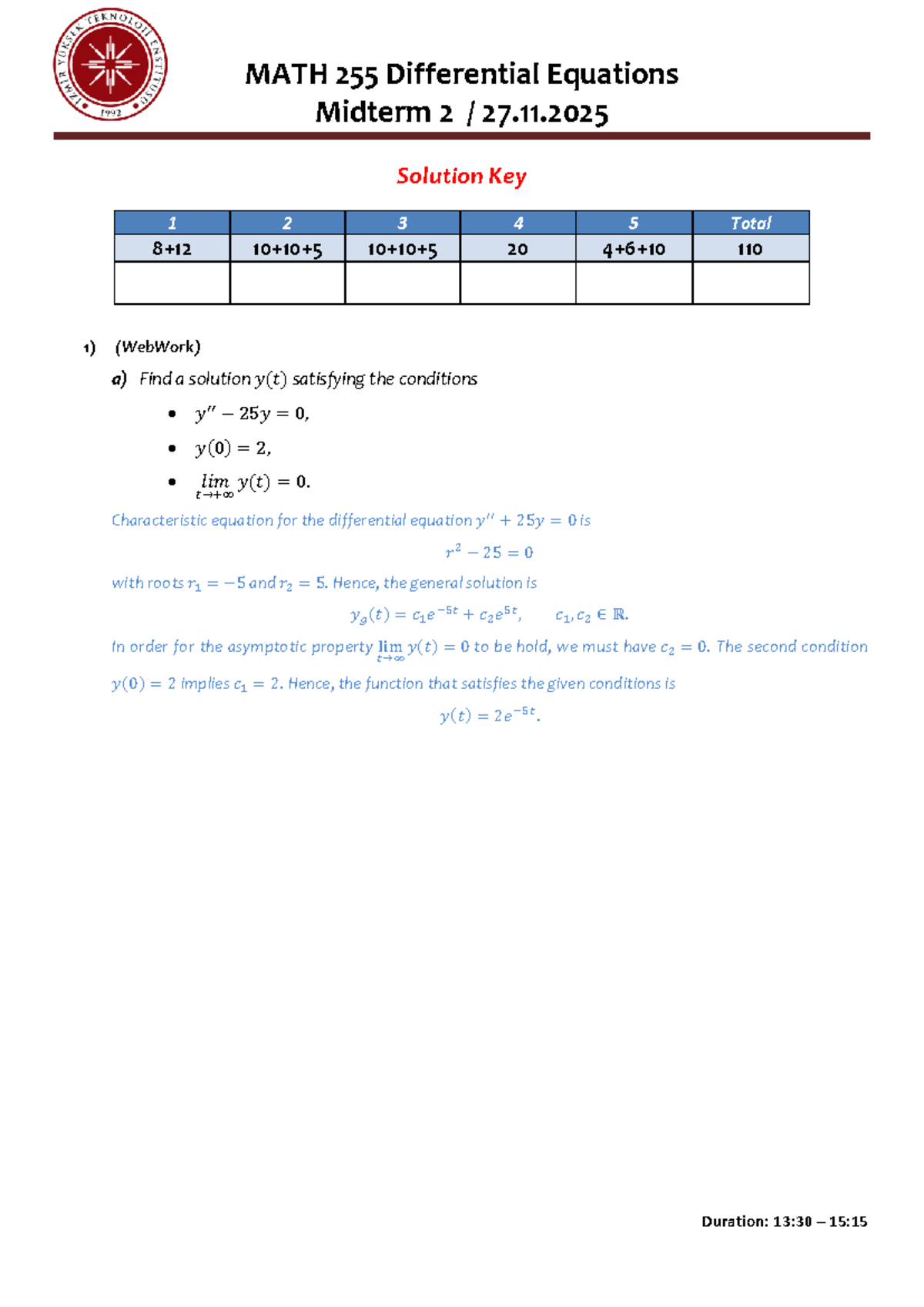 MATH 255 Differential Equations Midterm 2 Solution Key - Studocu