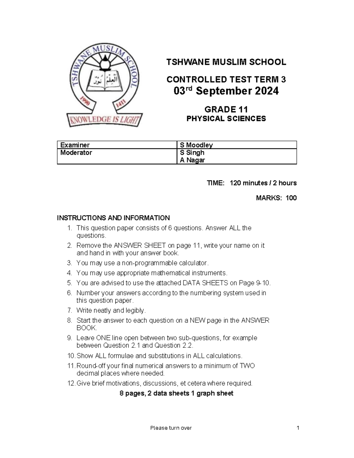 Grade 11 Physical Sciences Controlled Test Term 3 - 03 Sept 2024 - Studocu