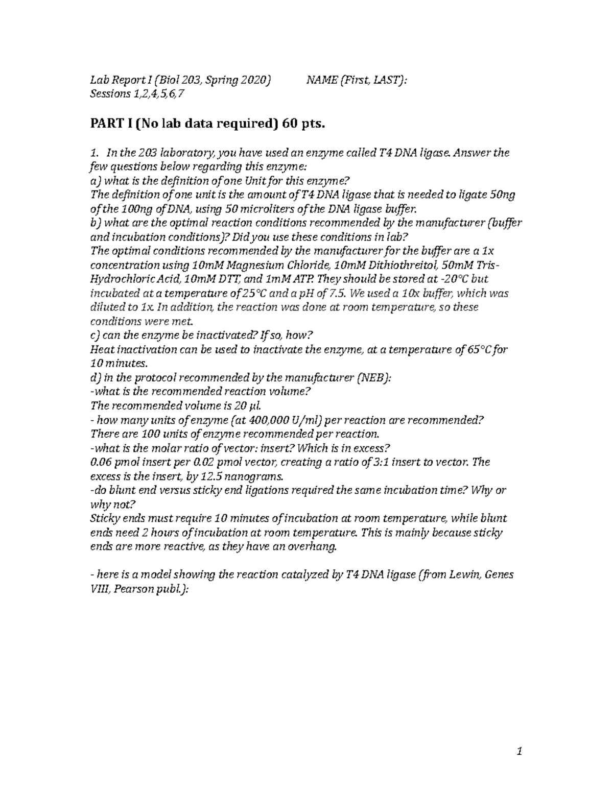 Lab report 1 - Lab Report I (Biol 203, Spring 2020) NAME (First, LAST ...
