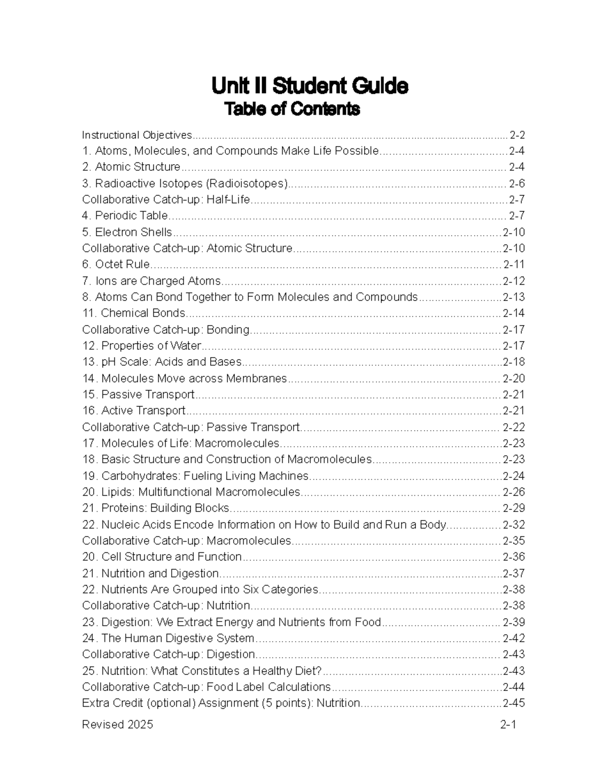 Unit II Student Guide: Chemistry, Nutrition, and Digestion Overview ...