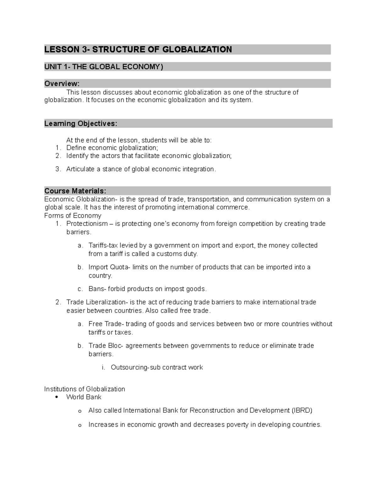 Lesson 3: Structure of Globalization in the Global Economy - Studocu