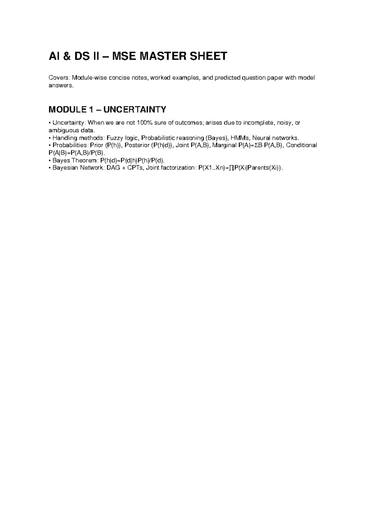 AI DS II MSE Master Sheet: Notes, Examples & Predicted Qs - Studocu
