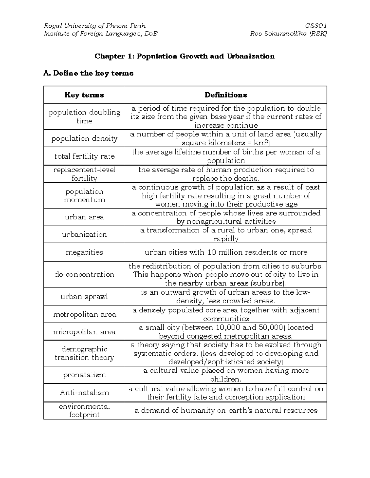 Worksheet Answers - Chapter 1: Population Growth & Urbanization - Studocu