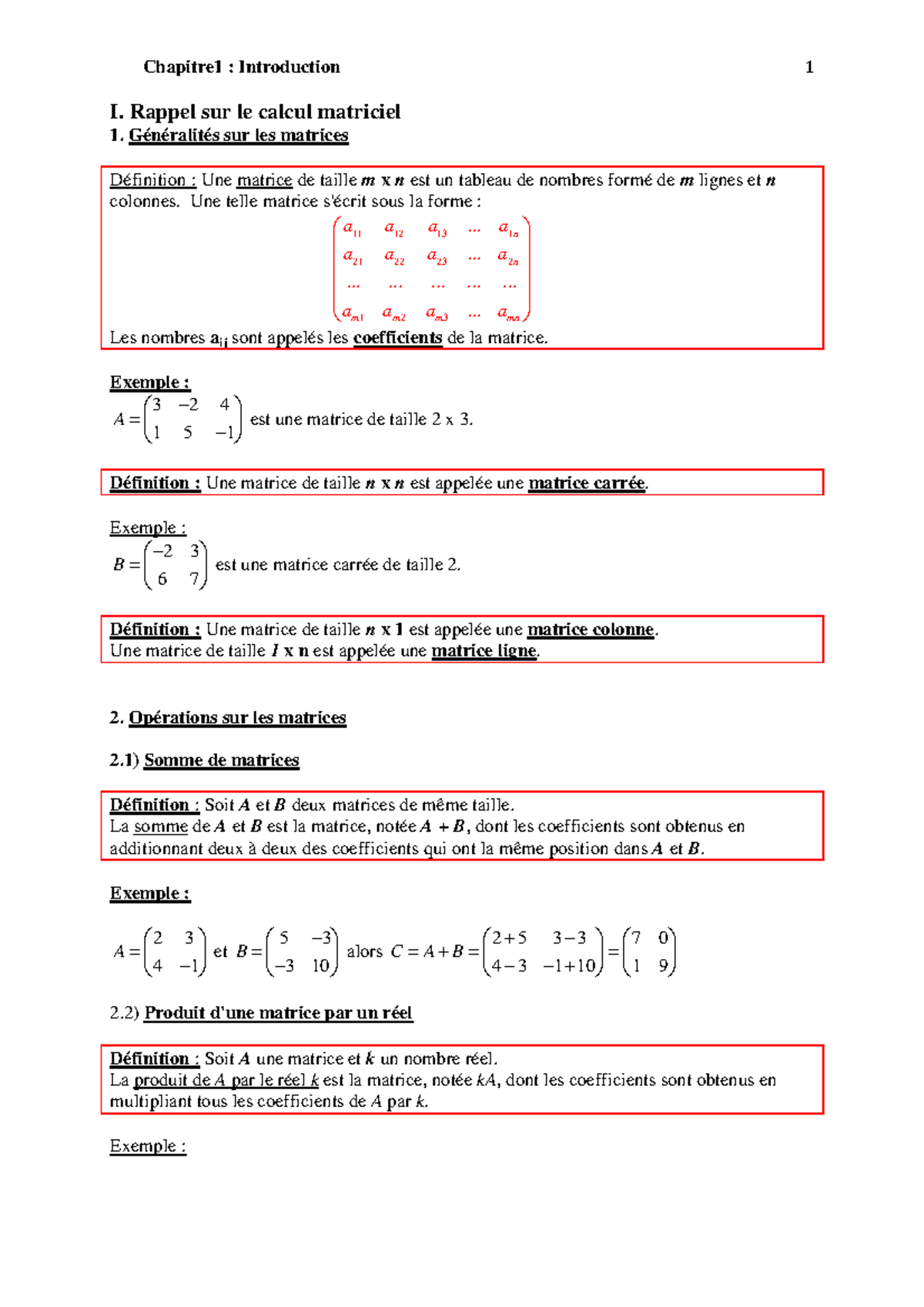 Chapitre 1 slm - I. Rappel sur le calcul matriciel Généralités sur les ...