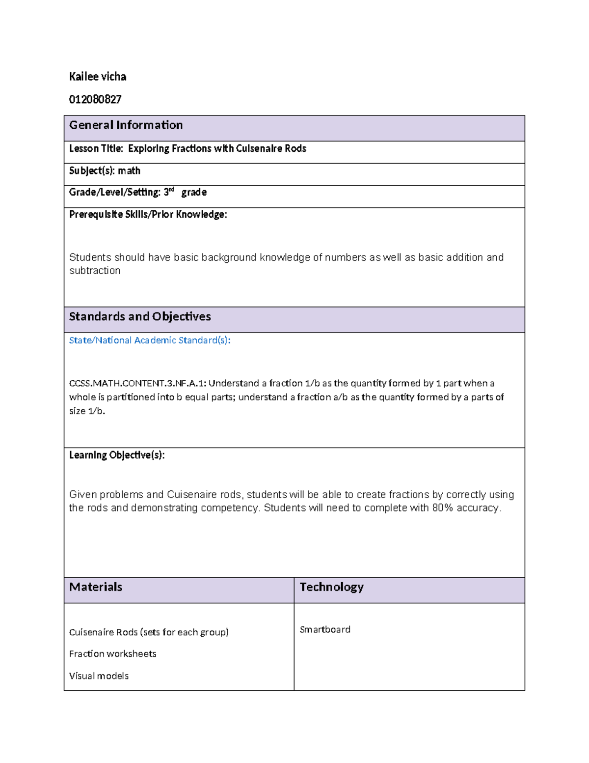Exploring Fractions with Cuisenaire Rods: Lesson Plan 012080827 - Studocu