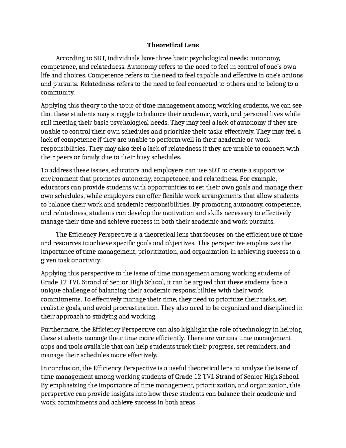 Theoretical Lens on Time Management for Grade 12 TVL Students - Studocu