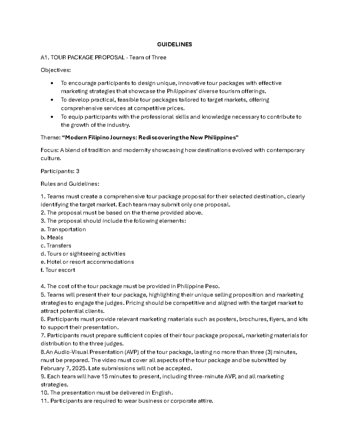 A1. Tour Package Proposal Guidelines: Filipino Journeys Theme - Studocu