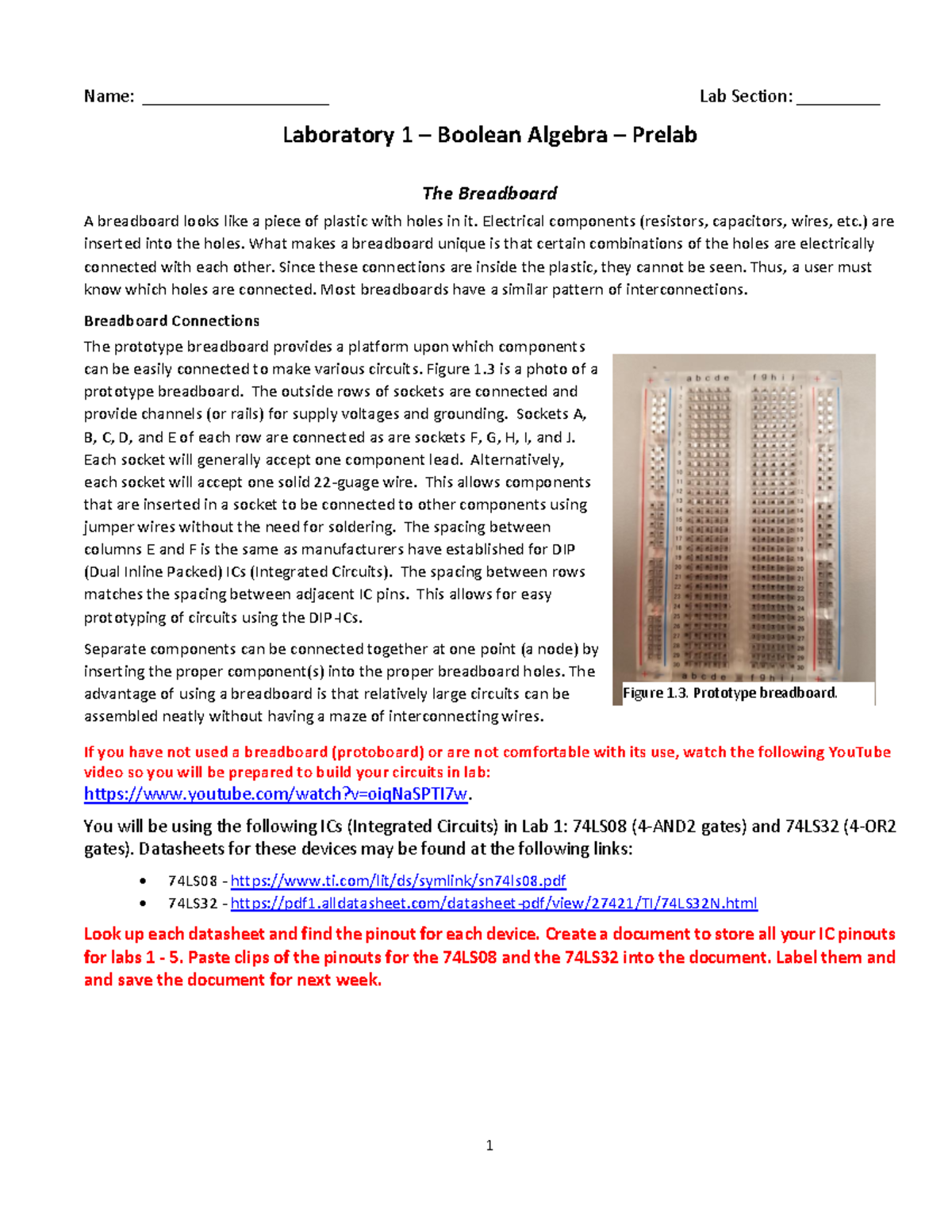 Laboratory 1 - Prelab - pre lab - 1 Name: ____________________ Lab Section: _________ Laboratory ...