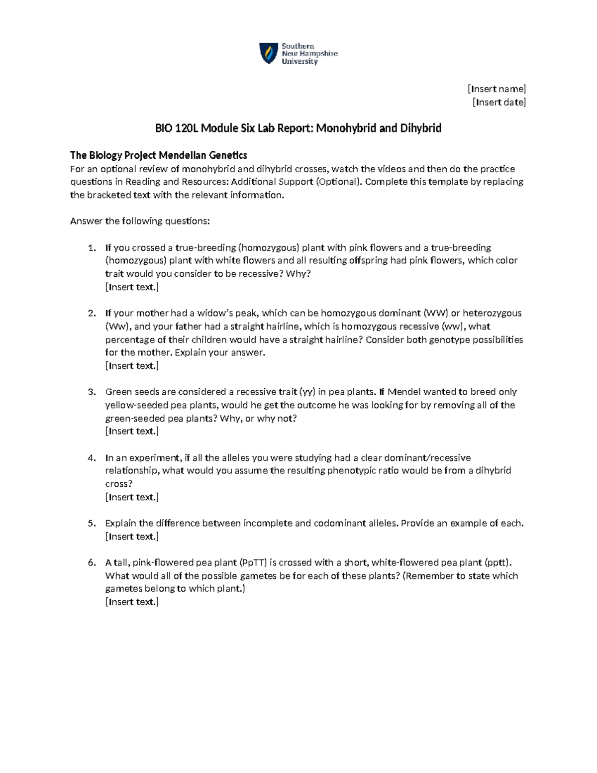 BIO 120L Monohybrid & Dihybrid Crosses Lab Report Template - Studocu