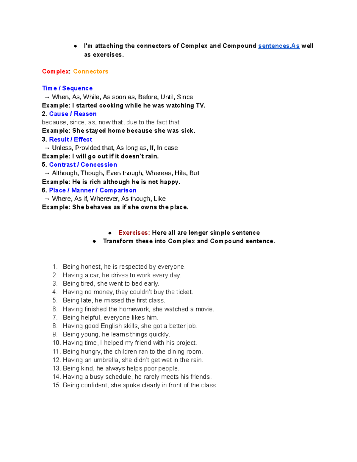 Complex and Compound Sentences: Connectors & Exercises (ENG 101) - Studocu