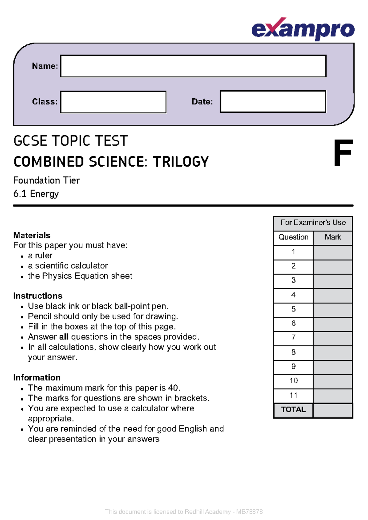 GCSE Combined Science Trilogy F: Energy Topic Test Questions - Studocu
