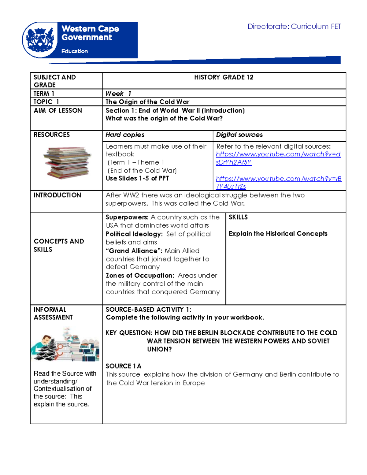 History Grade 12 Term 1 Week 1 2021 Final - Directorate: Curriculum FET ...