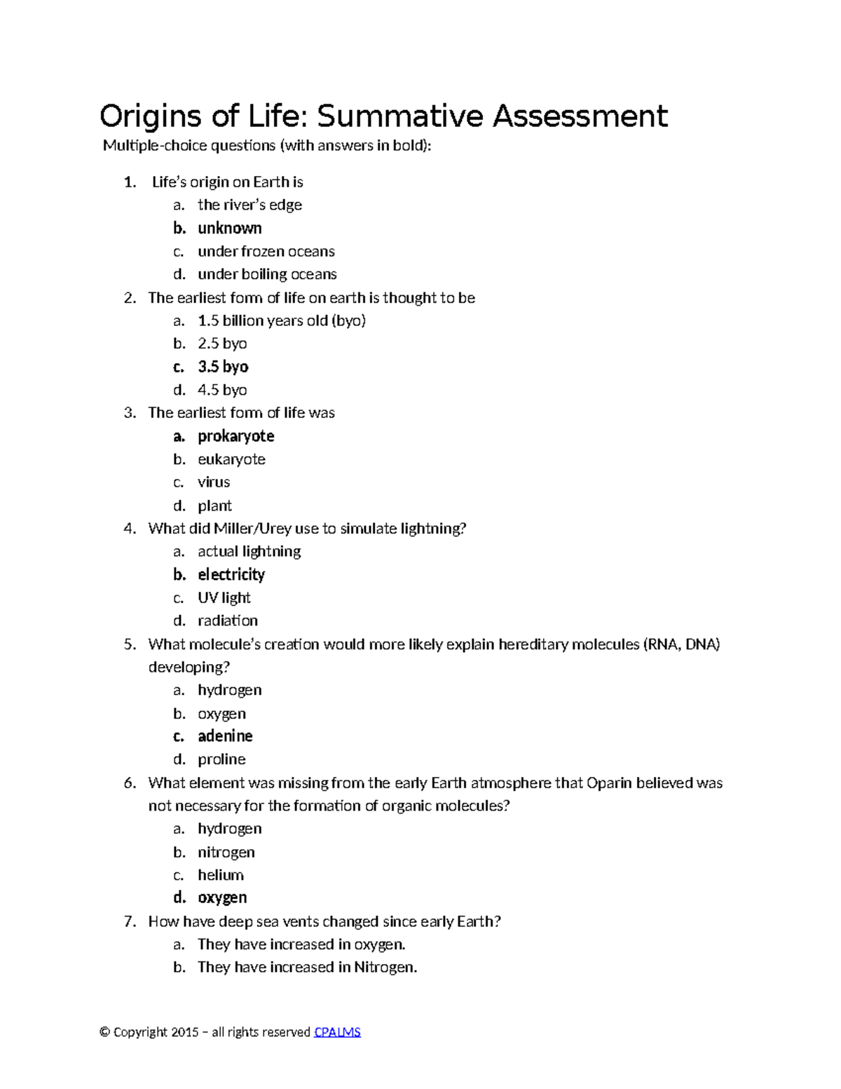 Origins of Life: Summative Assessment Questions & Answers (CPALMS ...