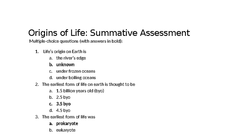 Origins of Life: Summative Assessment Questions & Answers (CPALMS ...