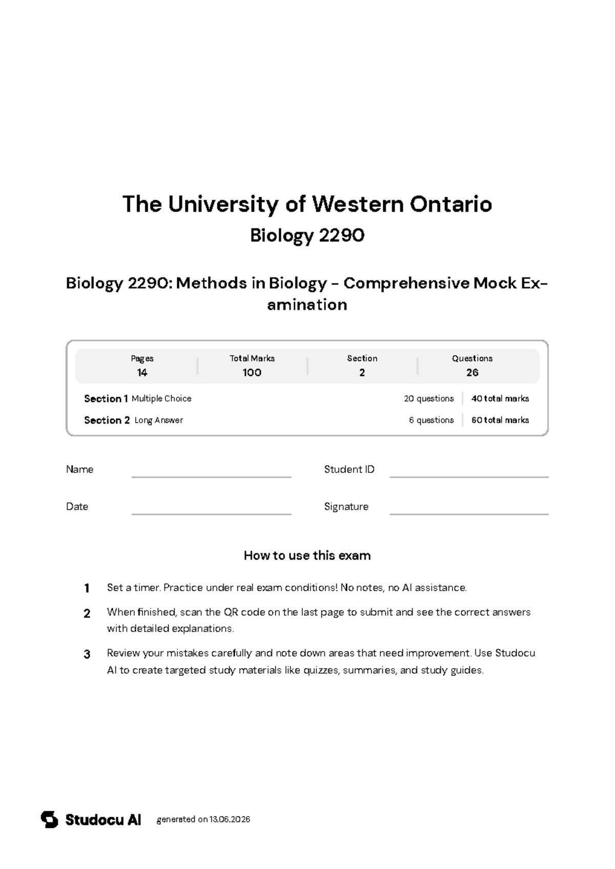 Biology 2290: Comprehensive Mock Exam - Studocu