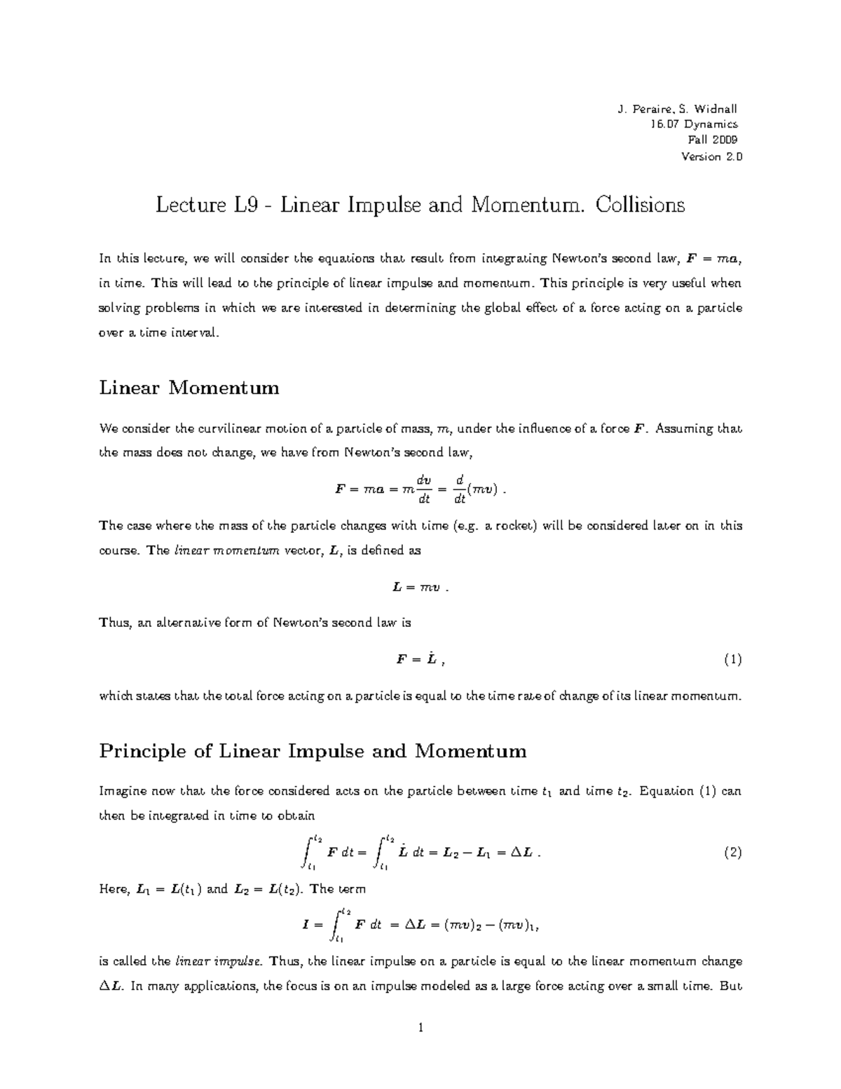 Lecture Notes: Linear Impulse, Momentum, & Collisions (Lectures 9-12 ...
