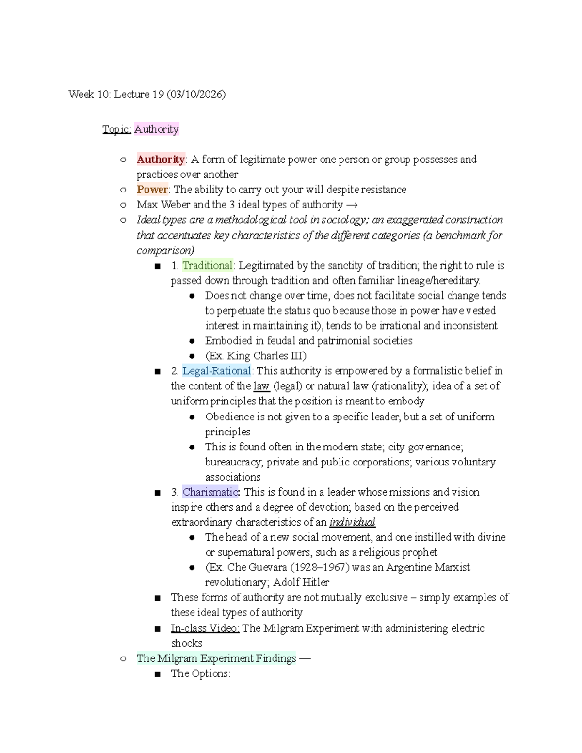 SOC 001: Week 10 Lecture on Authority and Power Dynamics - Studocu