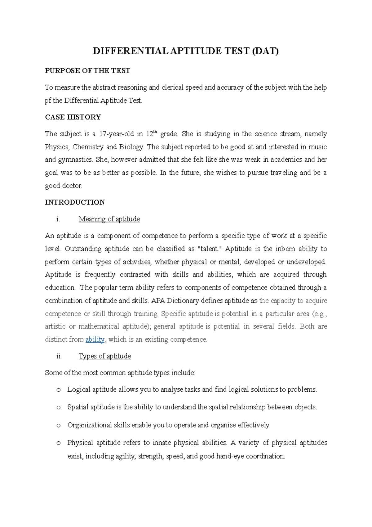 Differential Aptitude Test (DAT) Analysis and Interpretation - Studocu