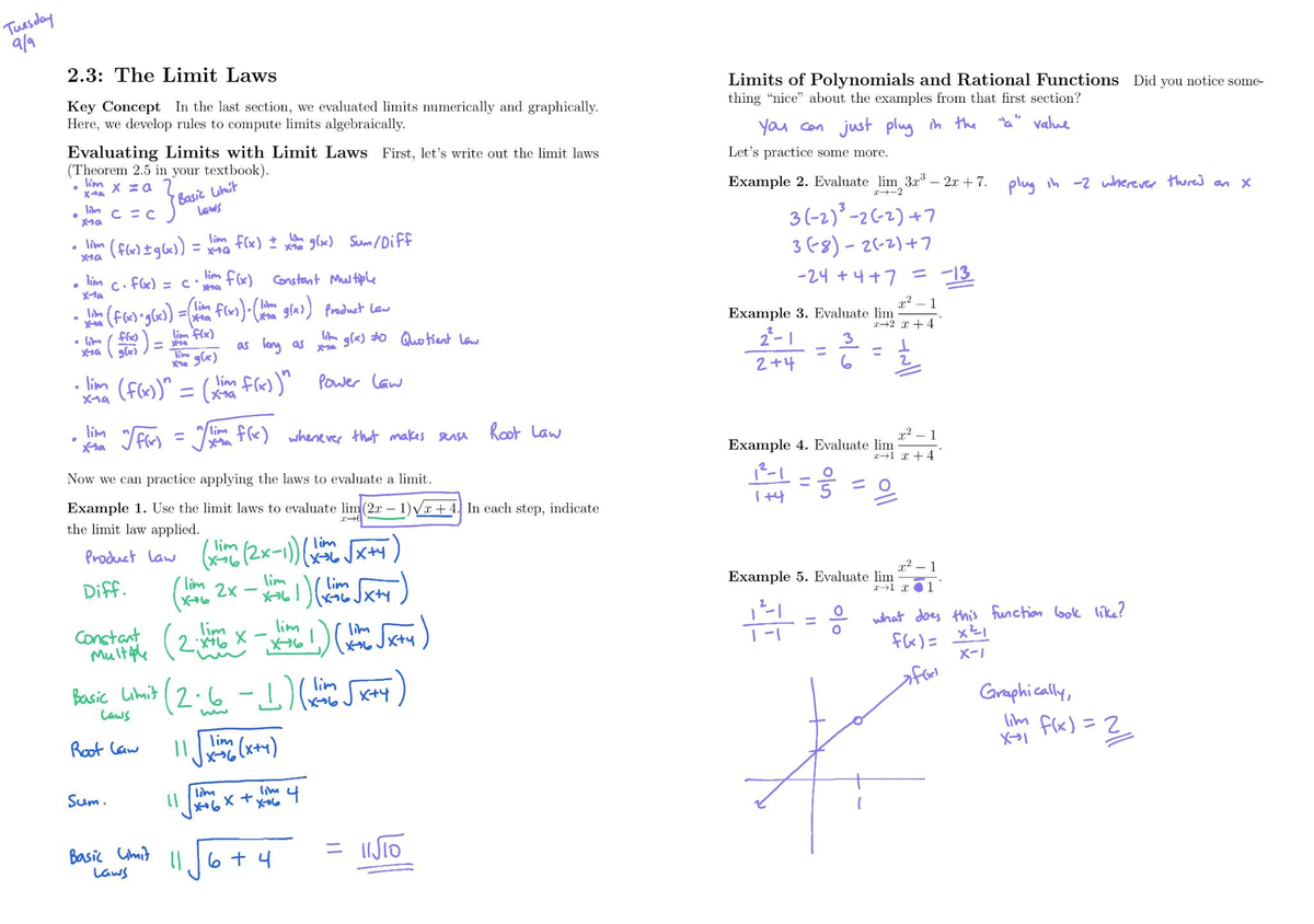 Tuesday 2.3: Limit Laws for Polynomials & Rational Functions - Studocu