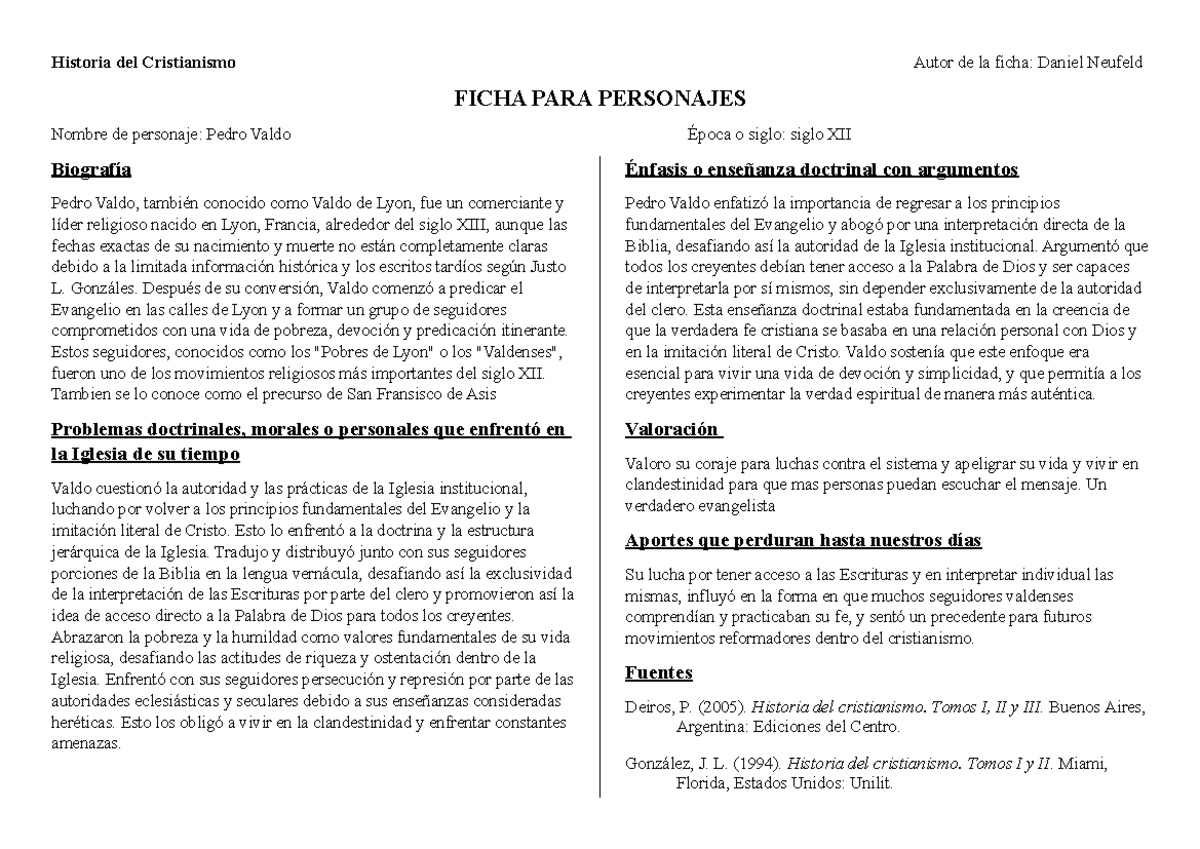 Ficha 12 de personajes - Pedro Valdo - Historia del Cristianismo Autor ...