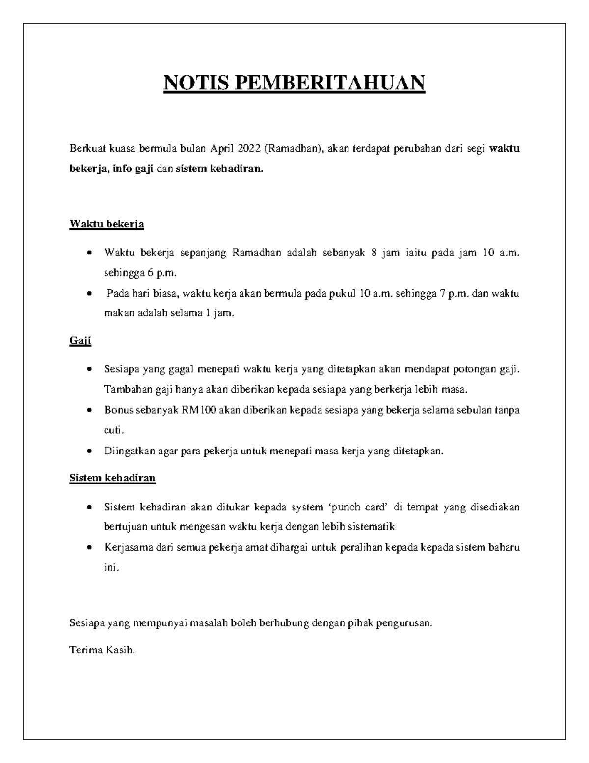 Notis Penting Waktu Kerja Gaji Sistem Kehadiran April 2022 Studocu