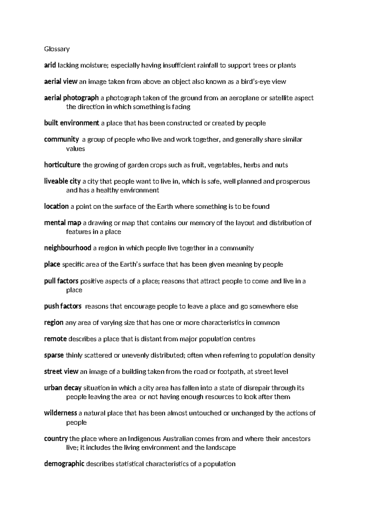 Place and Liveability Glossary Master (11) - Key Terms Explained - Studocu