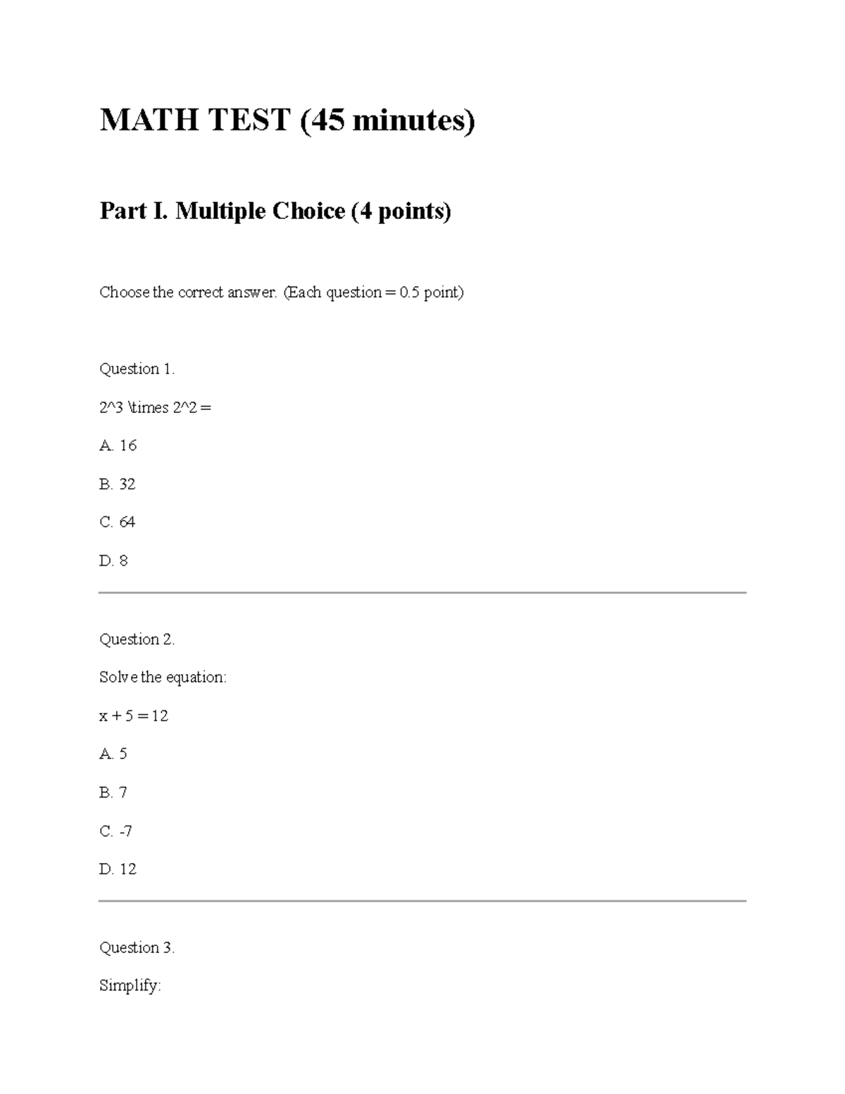MATH 101: Final Test - Multiple Choice Questions - Studocu